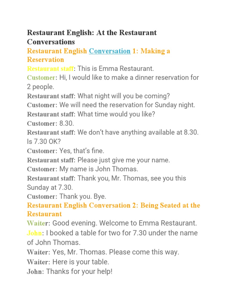 ESL Restaurant Role Play Conversations | PDF | Waiting Staff | Restaurants