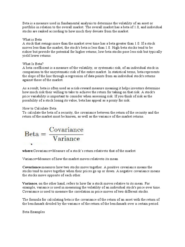 Where:covariance Measure of A Stock's Return Relativeto That of The ...