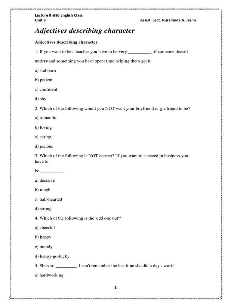 Adjectives Describing Character PDF | PDF