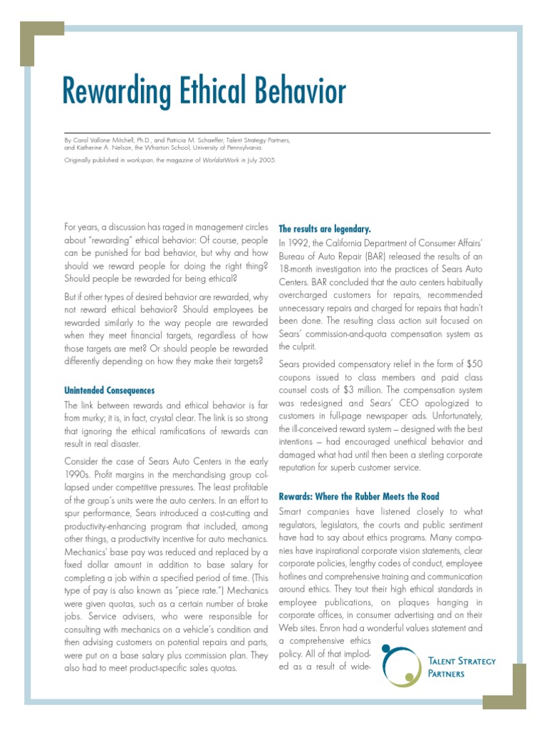 Rewarding Ethical Behavior in Organizations | PDF | Competence (Human ...