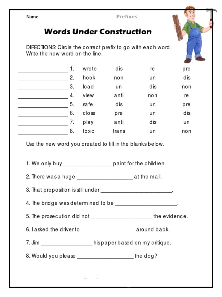 Words Under Construction: DIRECTIONS: Circle The Correct Prefix To Go ...