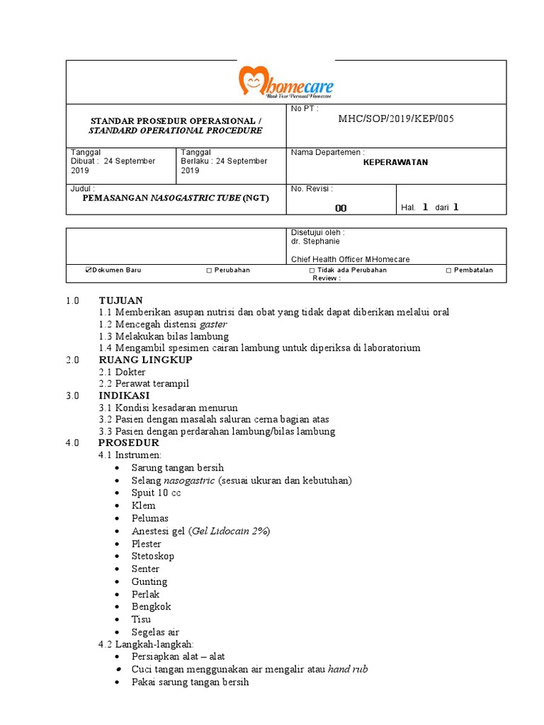 005 - SOP Pemasangan Nasogastric Tube (NGT) | PDF | Pengembangan Diri ...