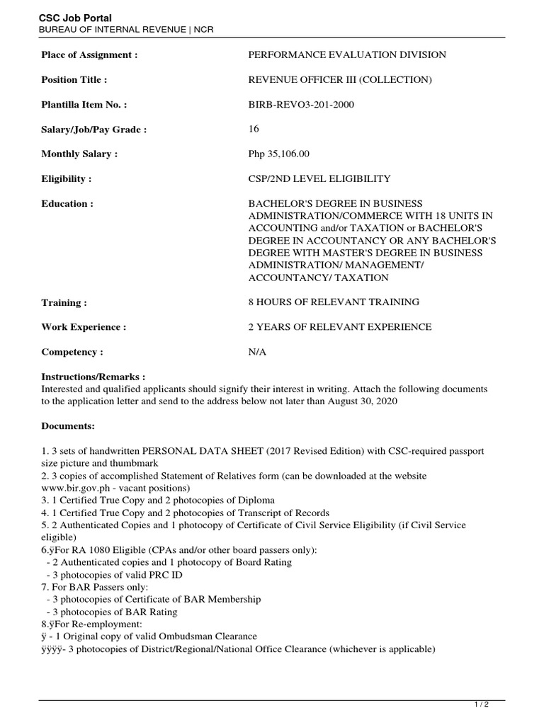 Place of Assignment: Position Title: Plantilla Item No.: Salary/Job/Pay ...