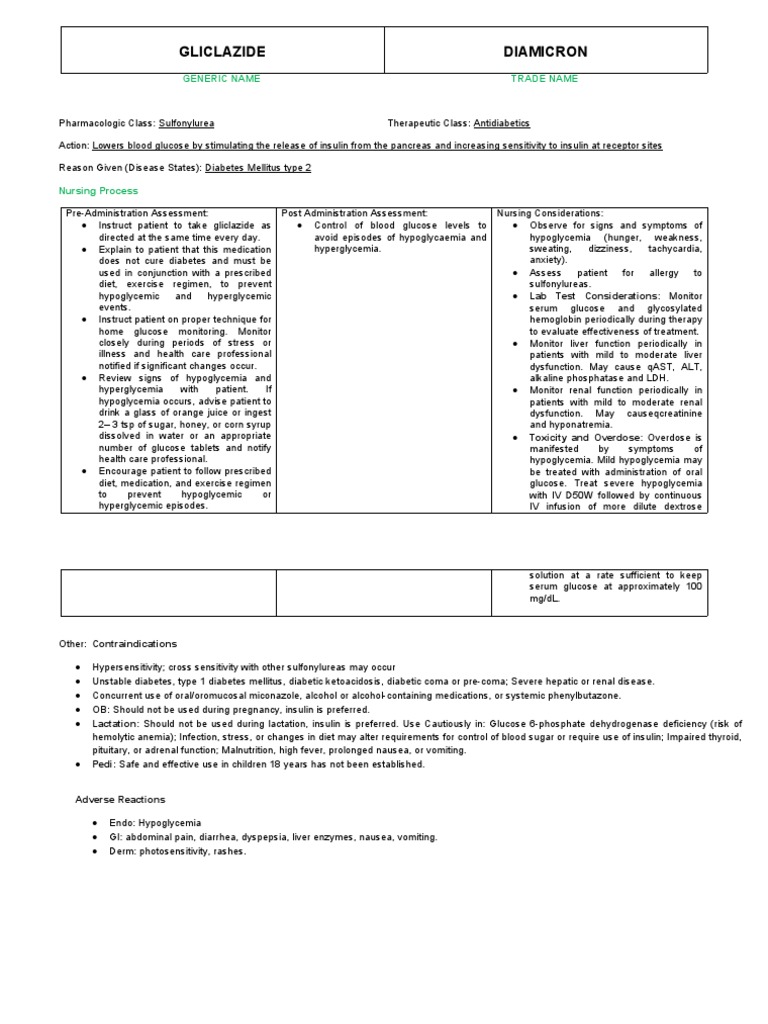 Gliclazide Diamicron: Generic Name Trade Name | PDF | Hypoglycemia ...