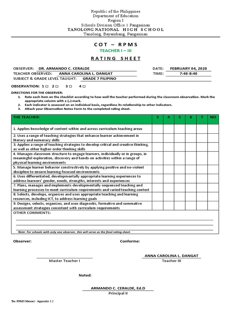 RPMS 2018 COT RPMS Rating Sheet Template | PDF | Curriculum | Teachers