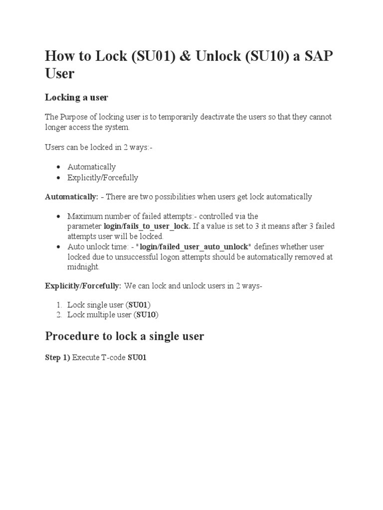 How To Lock (SU01) & Unlock (SU10) A SAP User | PDF