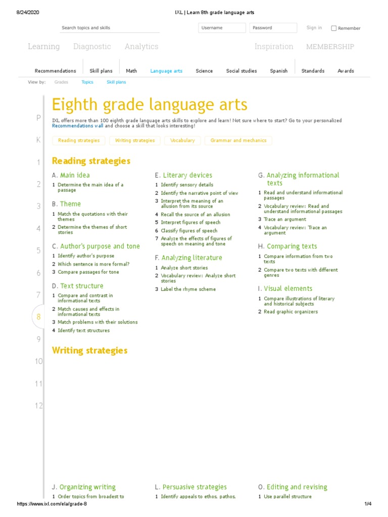 IXL - Learn 8th Grade Language Arts PDF | PDF | Verb | Adjective