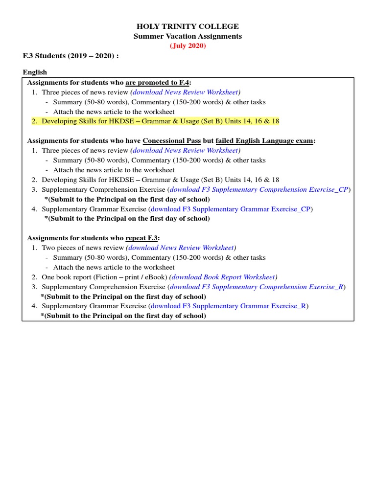 Holy Trinity College Summer Vacation Assignments F.3 Students (2019 ...