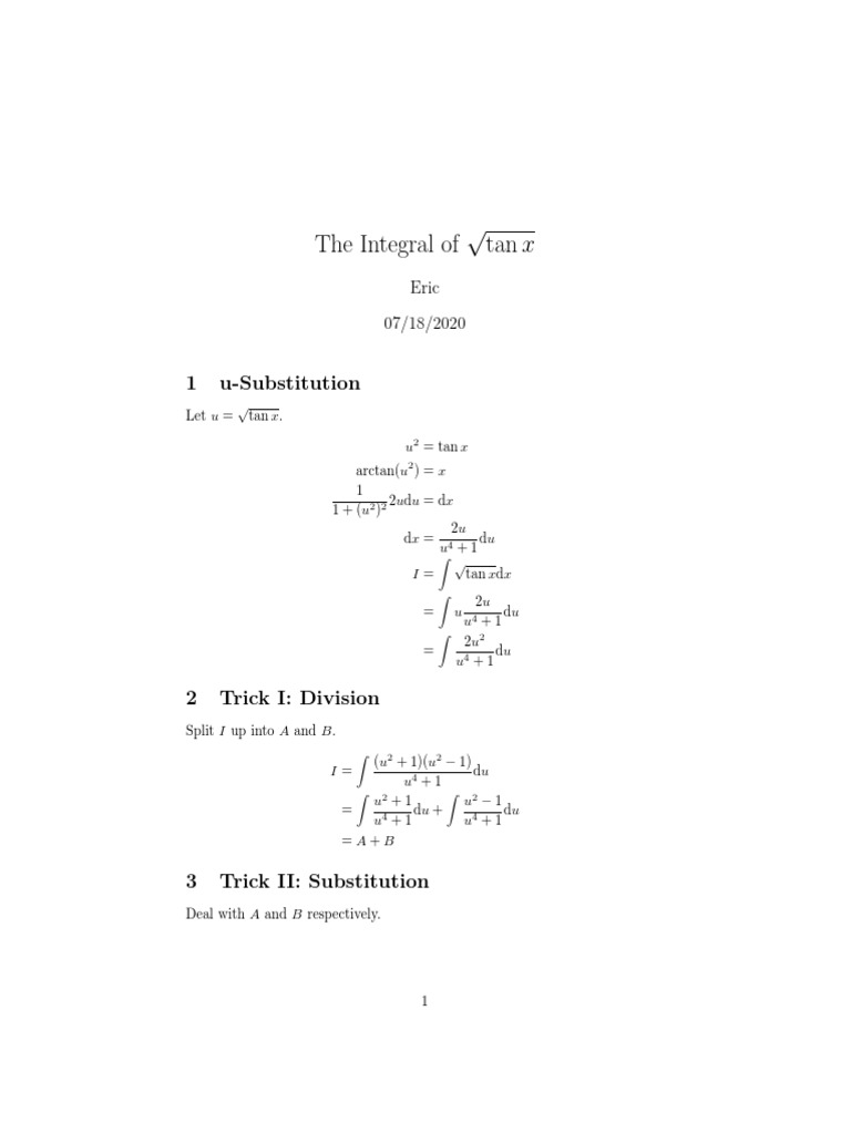 The Integral of √tanx: A Complete Solution Using u-Substitution, Trick ...