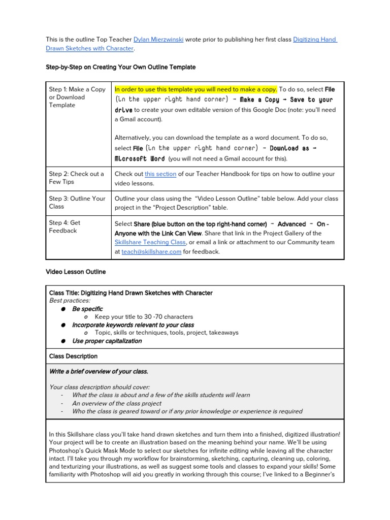 Sample Skillshare Class Outline - Dylan Mierzwinski | PDF | Adobe Photoshop | Gmail