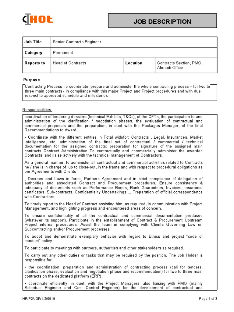 Senior Contracts Engineer Job Description | PDF | Engineer | Procurement