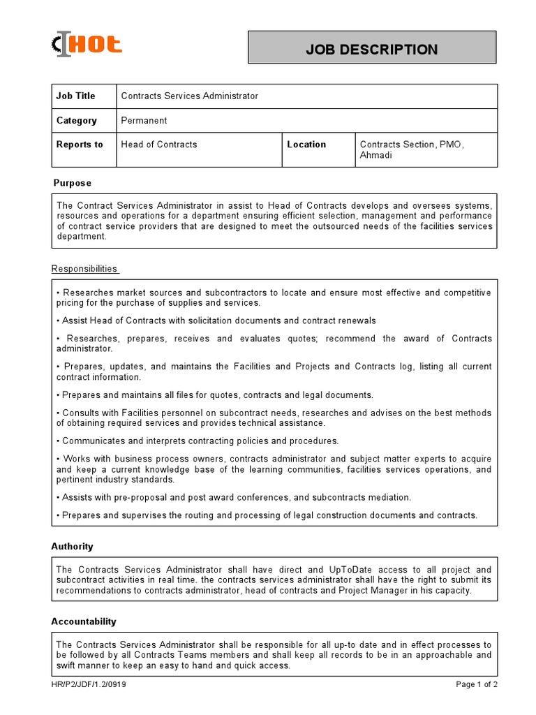 Job Description - Contracts Servics Administrator 30820 | PDF ...