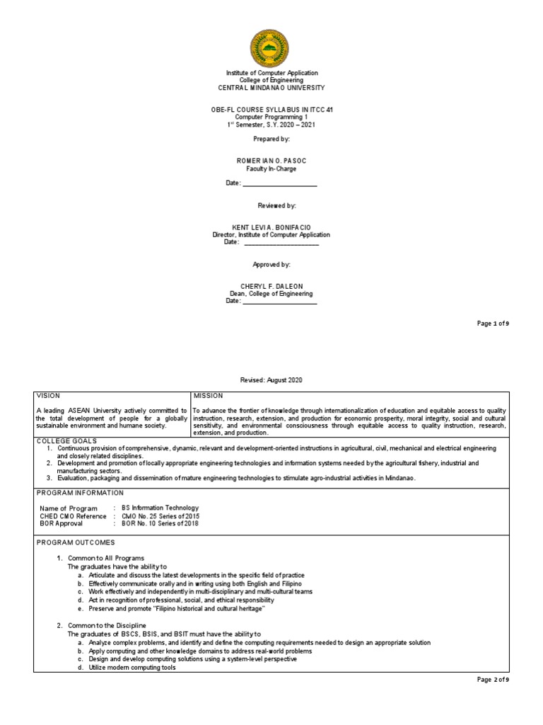 Syllabus - ITCC41 - Computer Programming 1 | PDF | Computer Program | Programming