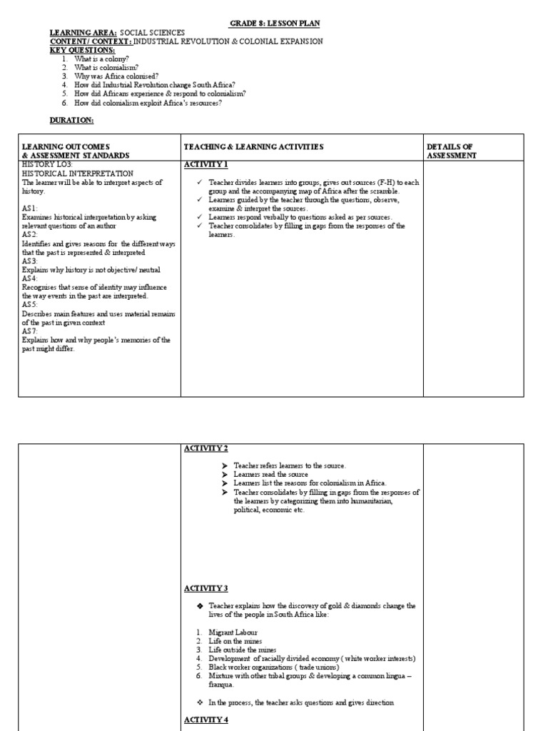 Grade 8: Lesson Plan Learning Area: Social Sciences Content/ Context ...