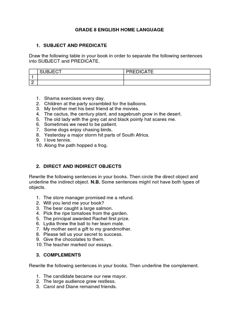 GR 8 English - Subject Predicate Direct Indirect Objects Complements ...