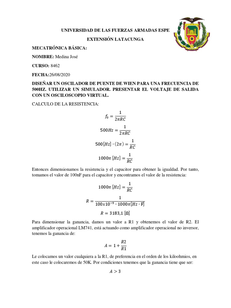 Diseño de Un Oscilador Puente de Wien PDF | PDF | Circuitos electrónicos | Ingeniería en ...