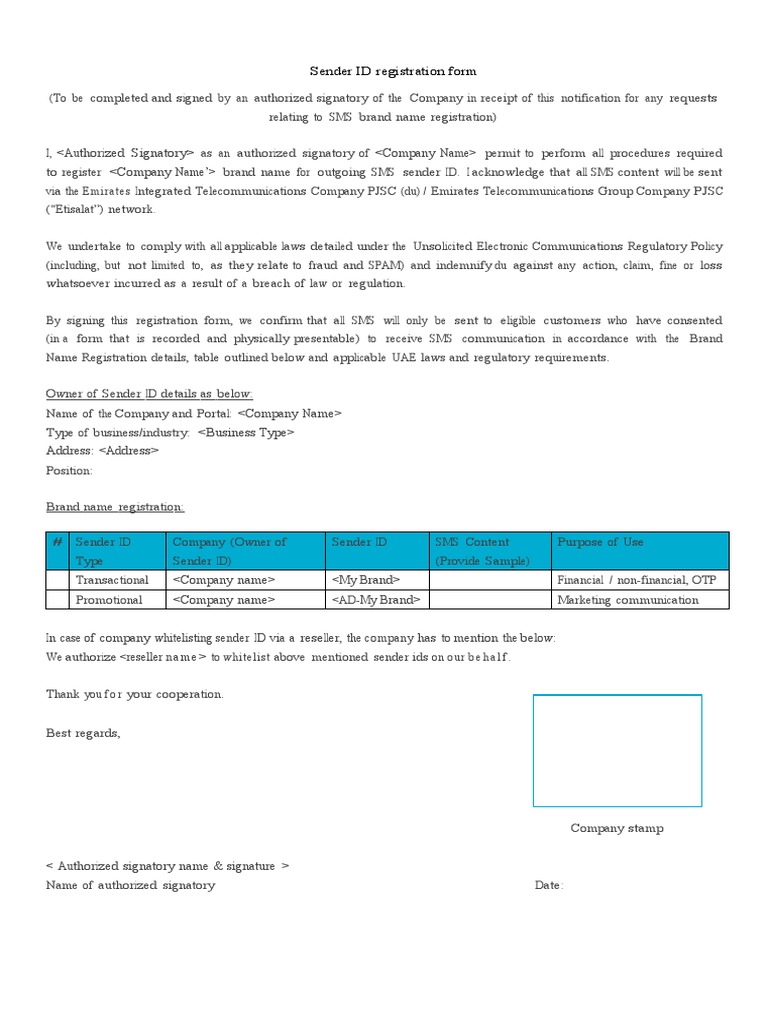 DU NEW UAE Sender ID Registration Form | PDF