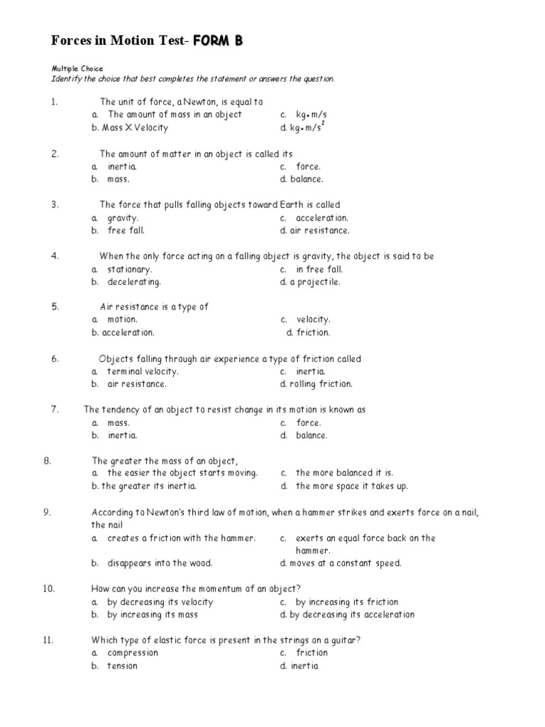 Forces in Motion Assessment Test | PDF | Friction | Force