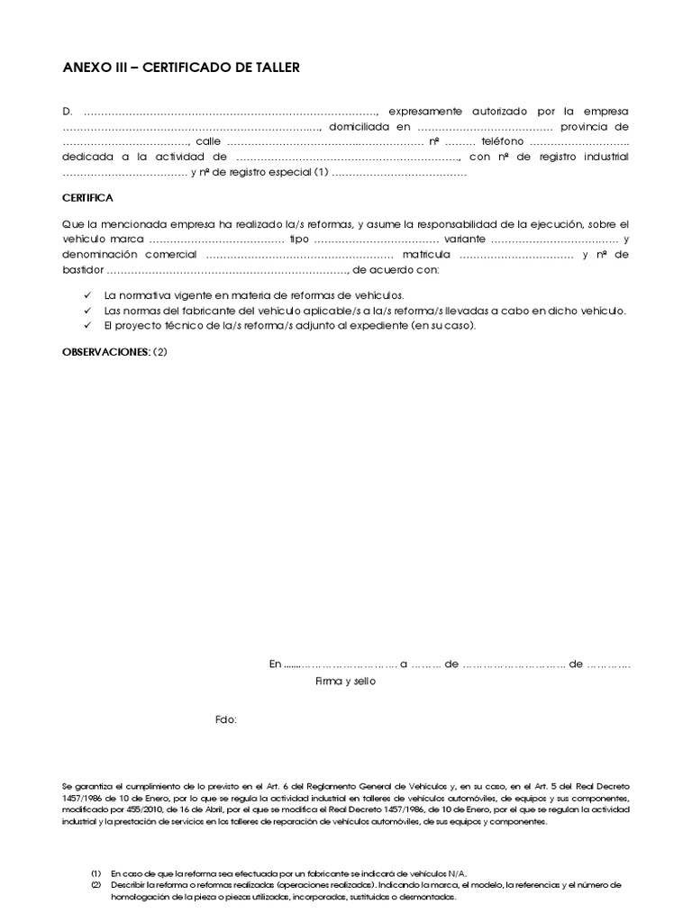 Certificado de Taller Editable Itv PDF | PDF