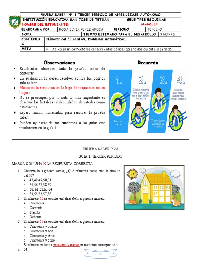 Prueba de Matemáticas Grado 1° | PDF | Aprendizaje | Science