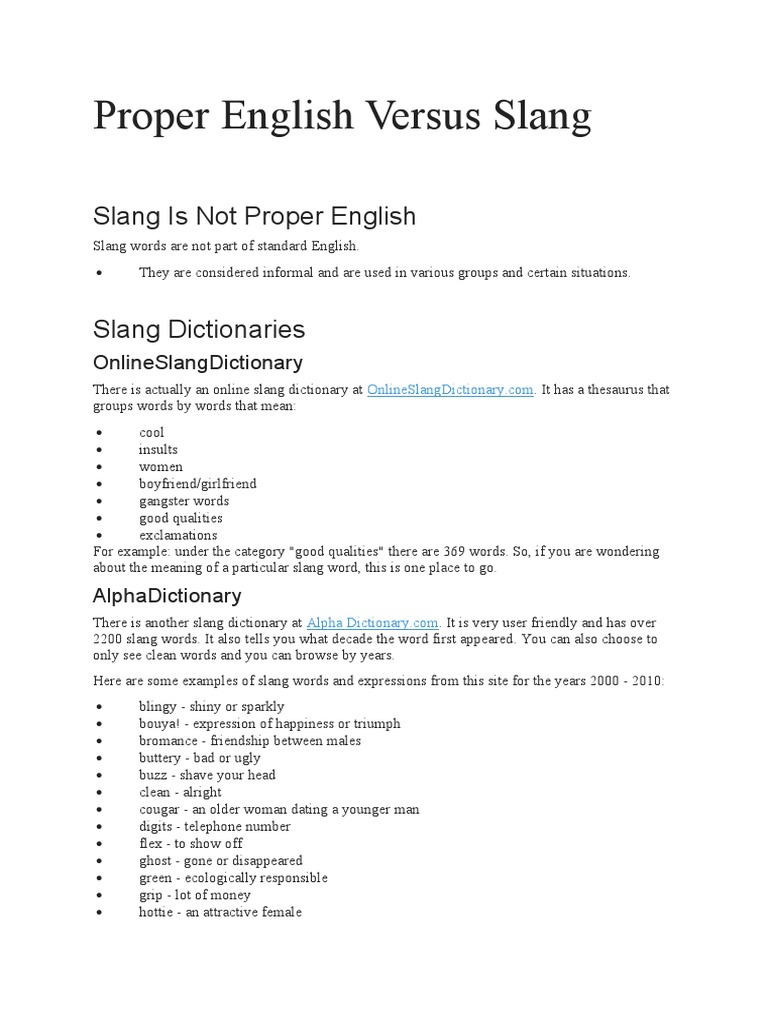Proper English Vs Slang | PDF | Slang | Books