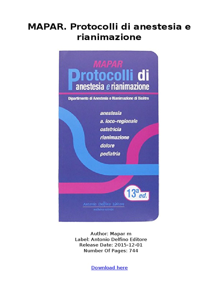 MAPAR. Protocolli Di Anestesia e Rianimazione | PDF