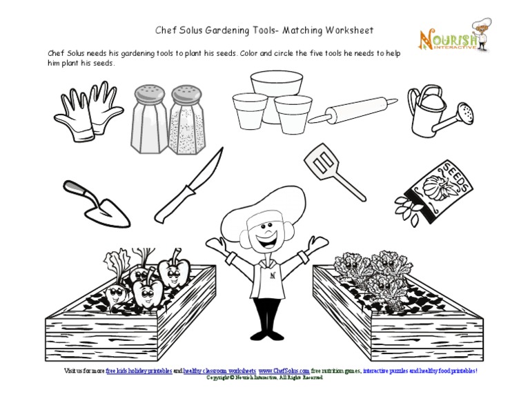 Kids Garden Tools Chef Solus Printable Free Matching Worksheet | PDF