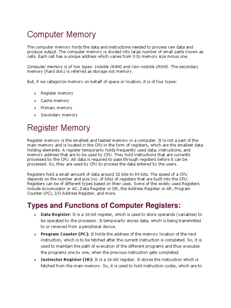 Computer Memory: Types and Functions of Computer Registers | PDF | Cpu Cache | Computer Data Storage