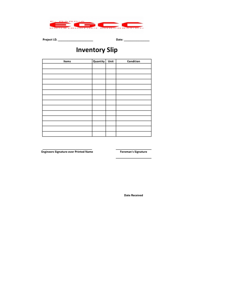 Inventory Slip: Project I.D. - Date | PDF | Technology & Engineering
