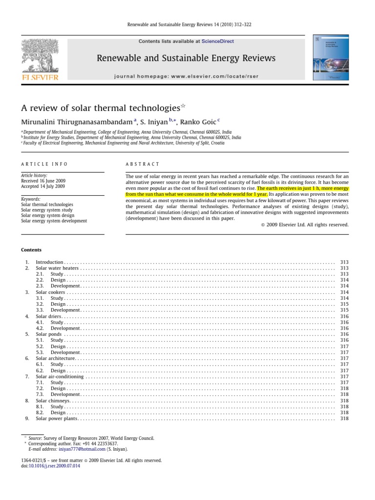 Review of Solar Thermal Technologies | PDF | Solar Energy | Water Heating