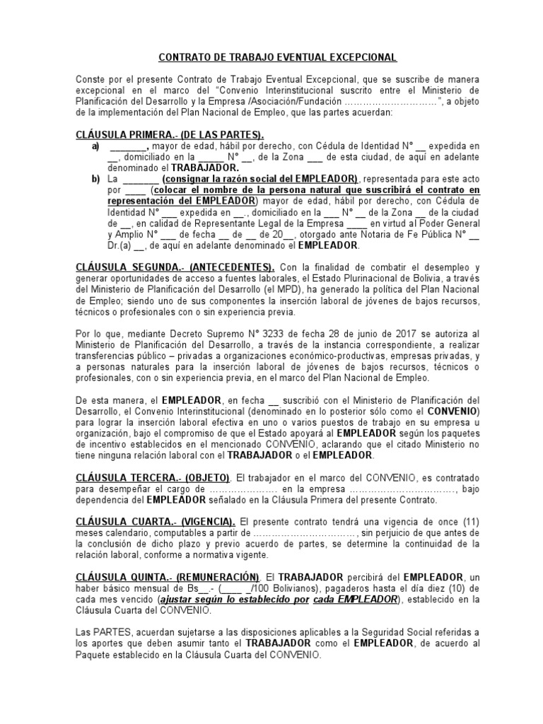 Modelo Contrato Eventual Excepcional | PDF | Salario | Tiempo de trabajo