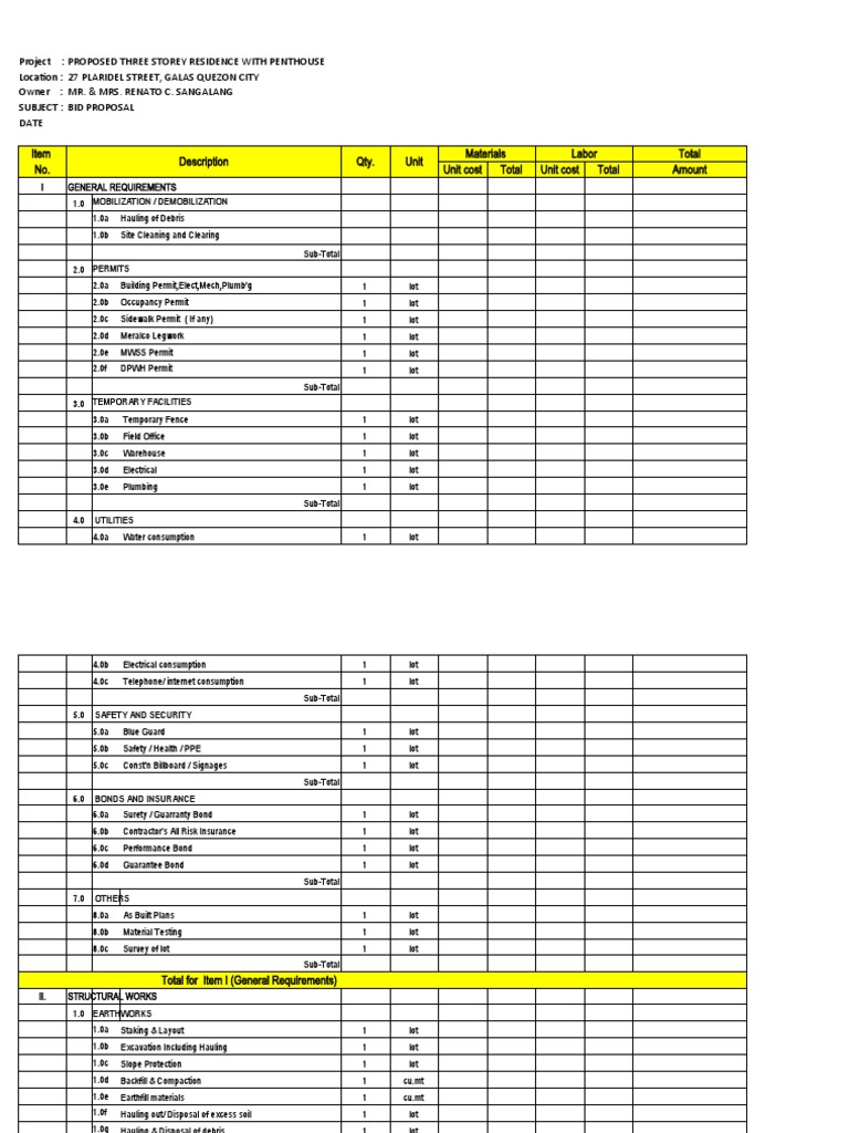 Bid Form (Boq) | PDF | Wall | Door