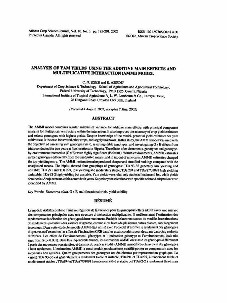 Analysis of Yam Yields Using The Additive Main Effects and ...