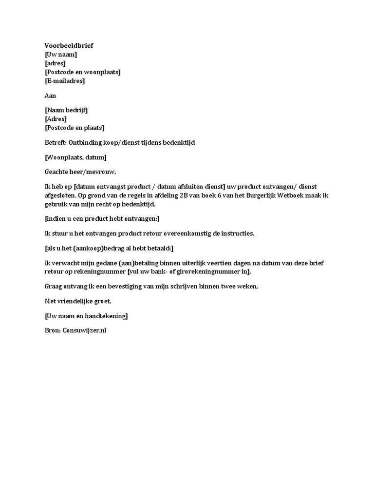 Voorbeeldbrief Ongedaan Maken Aankoop | PDF