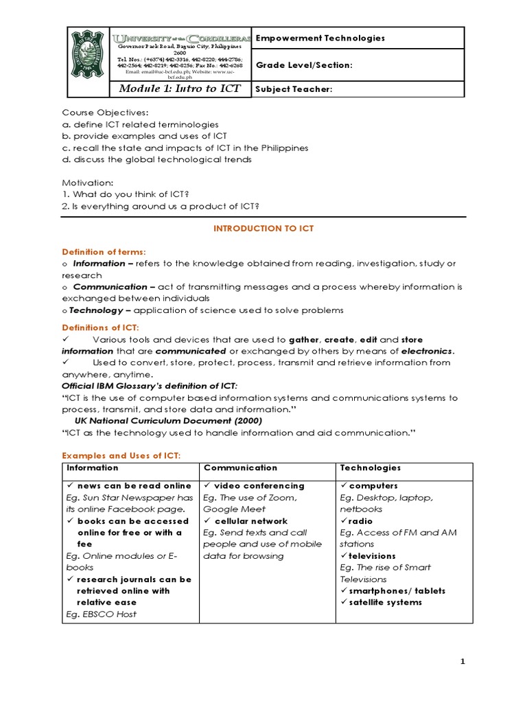 EmpTech M1 Intro To ICT | PDF | Information Technology | Mobile Phones