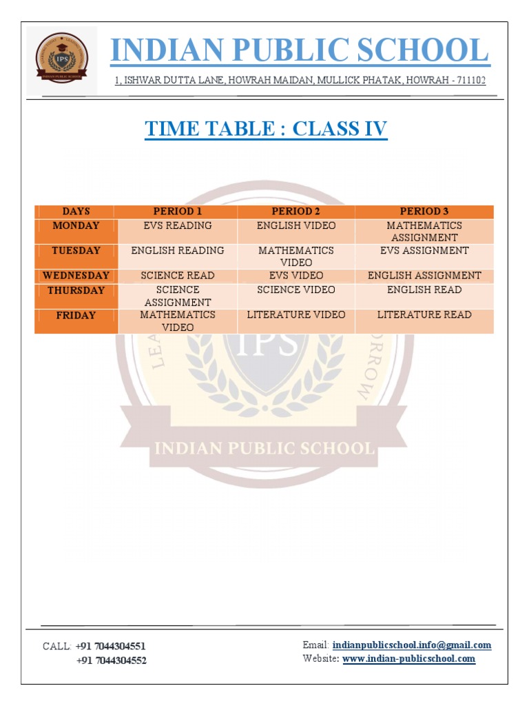 Indian Public School: Time Table: Class Iv | PDF