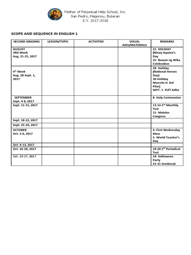 Scope and Sequence in English 1: Mother of Perpetual Help School, Inc ...