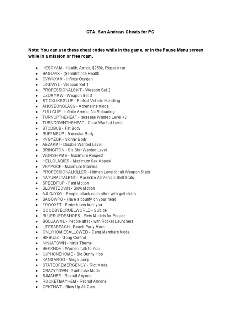 San Andreas Cheat Codes