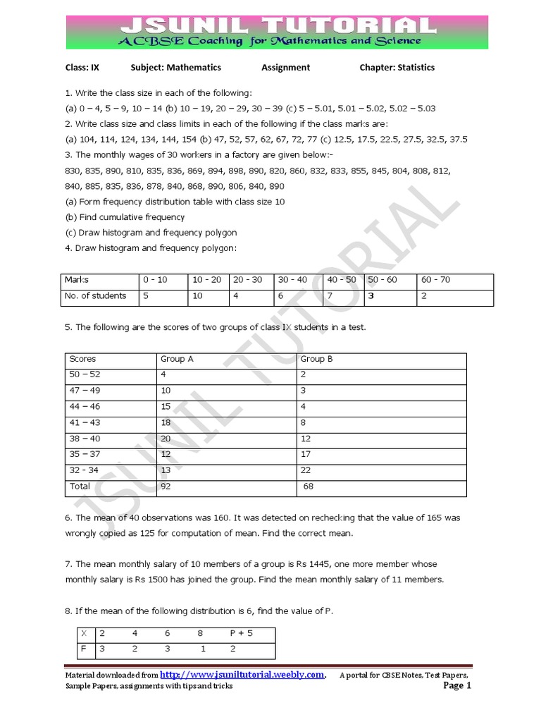 Class: IX Subject: Mathematics Assignment Chapter: Statistics | PDF ...