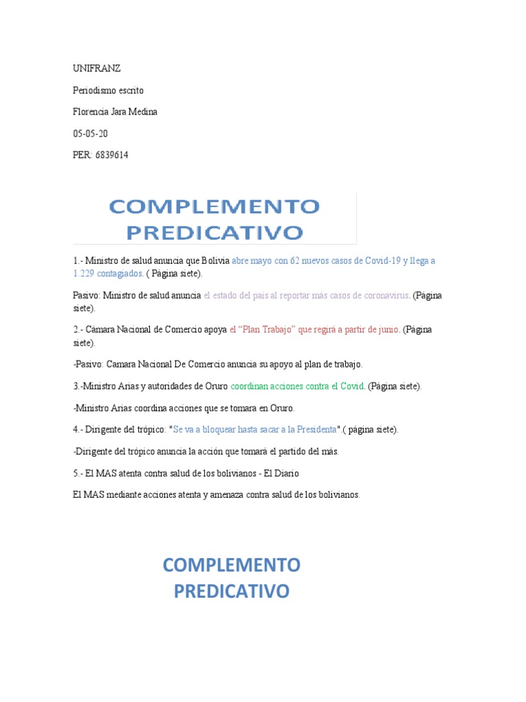 UNIFRANZ Per Escrito Complemento Predicativo | PDF