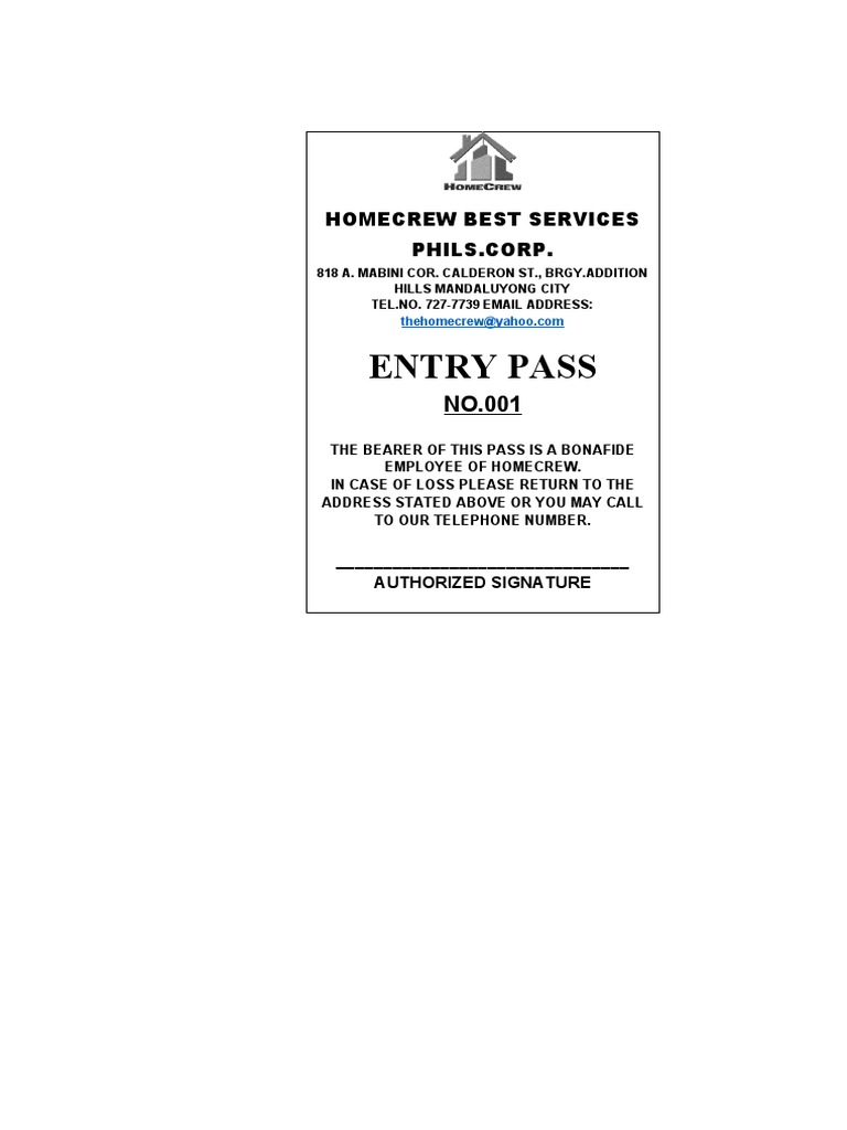 Entry Pass: Homecrew Best Services Phils - Corp | PDF | Finance & Money ...