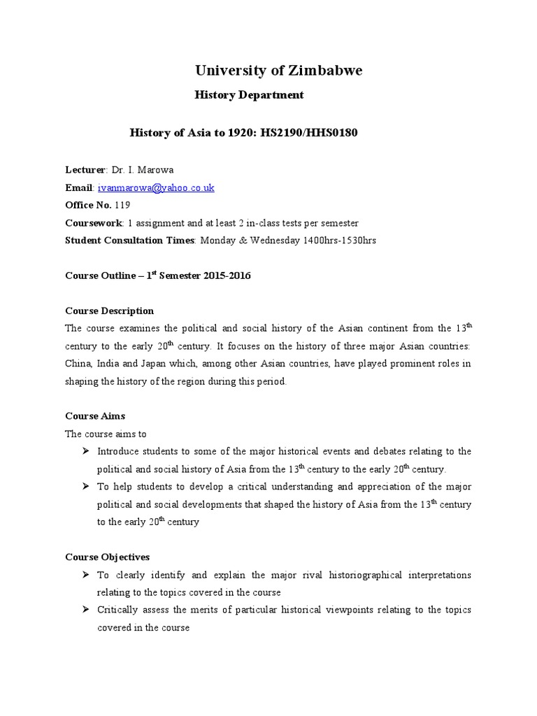 University of Zimbabwe: History Department History of Asia To 1920 ...