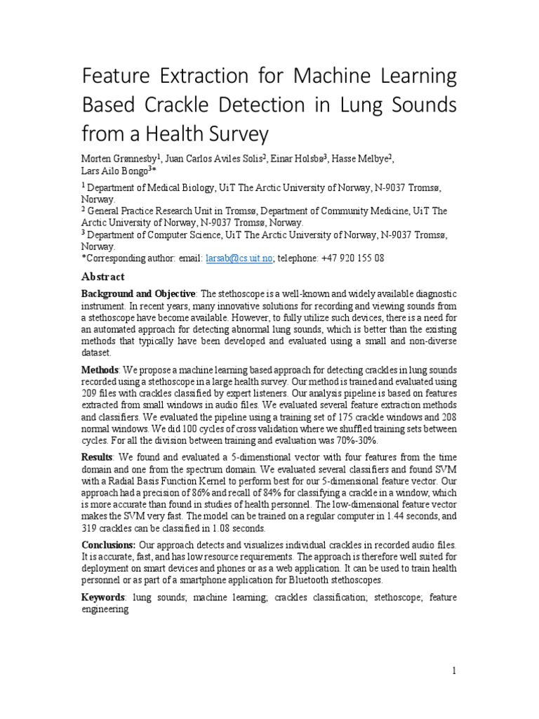 Feature Extraction For Machine Learning Based Crackle Detection in Lung Sounds From A Health ...
