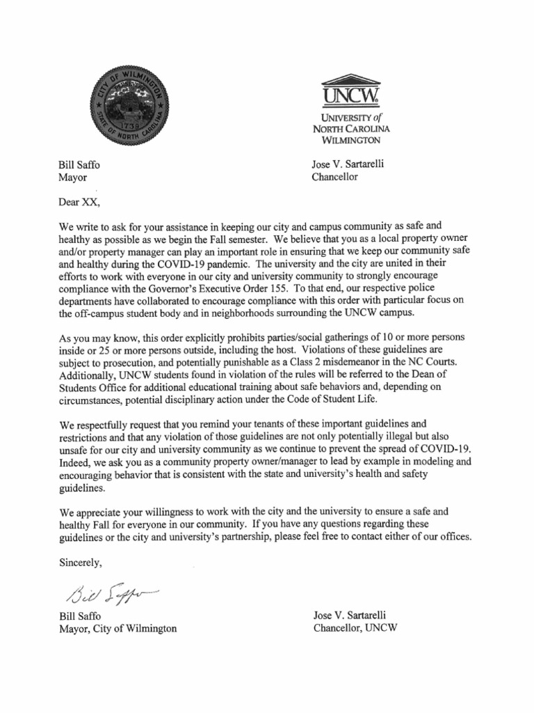 Letter From Wilmington Mayor Bill Saffo and UNCW Chancellor Jose ...