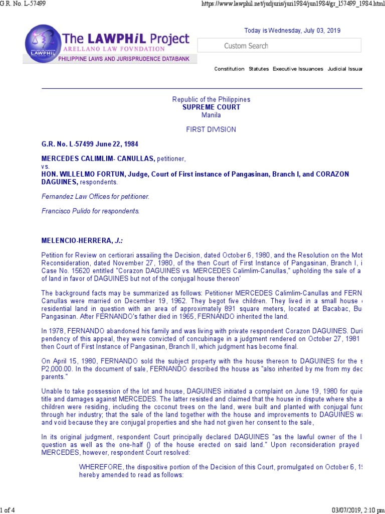 Calimlim-Canullas v. Fortun, G.R. No. L-57499, June 22, 1984 | PDF | Marriage | Wife