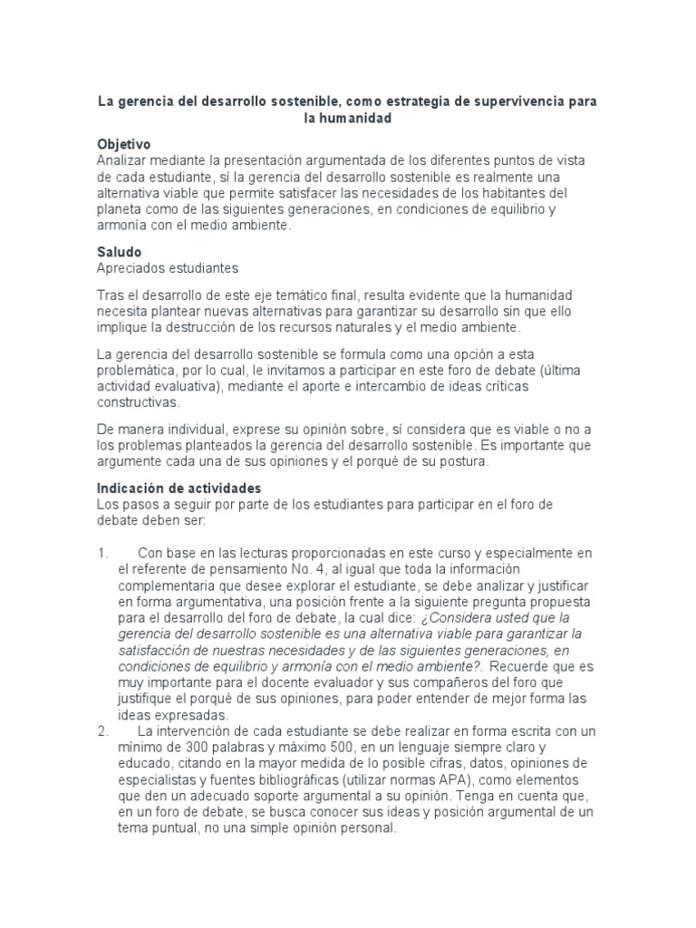 Foro La Gerencia Del Desarrollo Sostenible Eje 4 Pdf Desarrollo