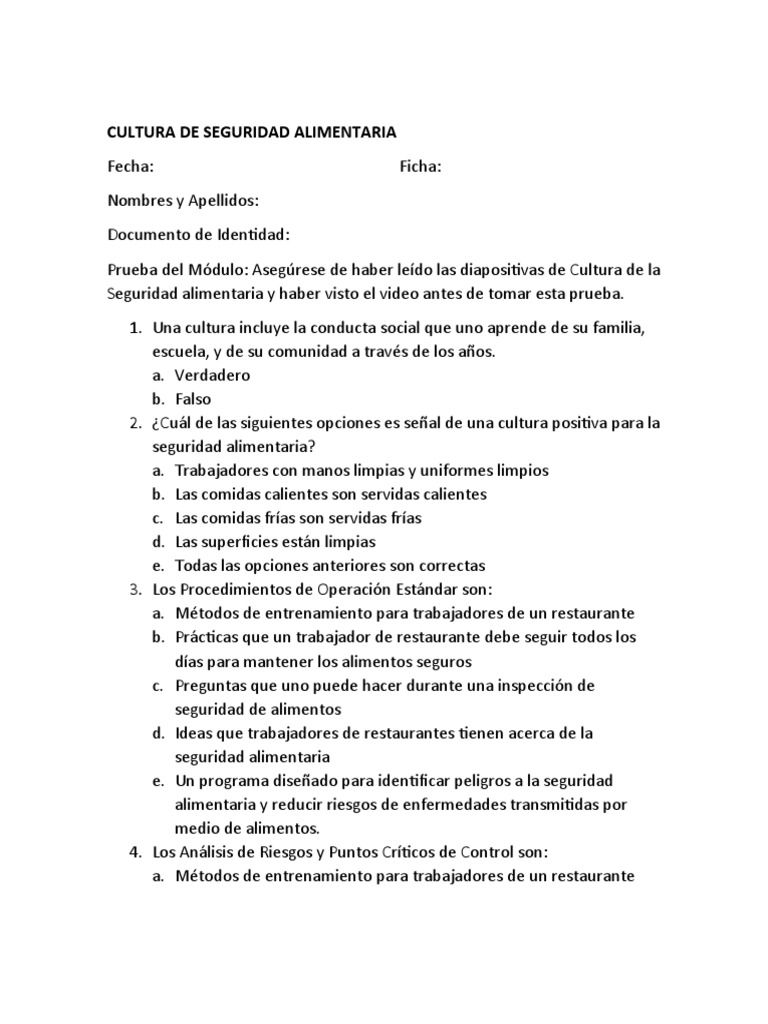 Cuestionario Cultura de Seguridad Alimentaria | PDF