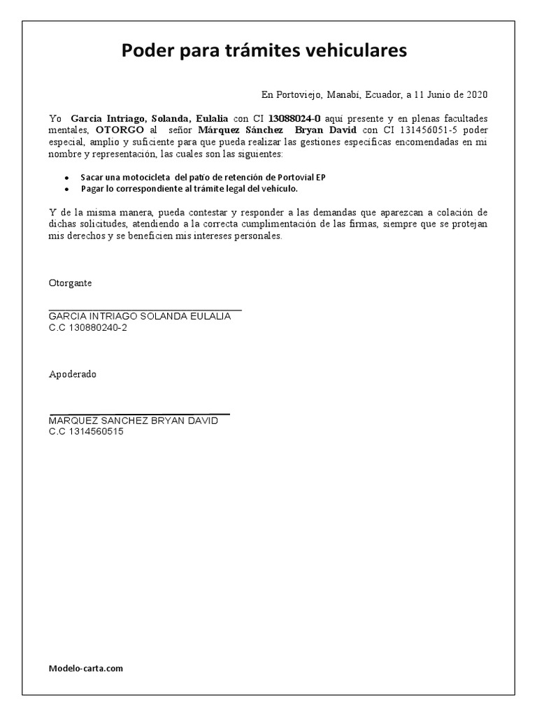 Poder Simple para Tramites Vehiculares | PDF