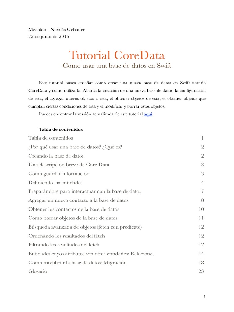 Tutorial Coredata Como Usar Una Base De Datos En Swift Pdf Pdf Objeto Informática Bases