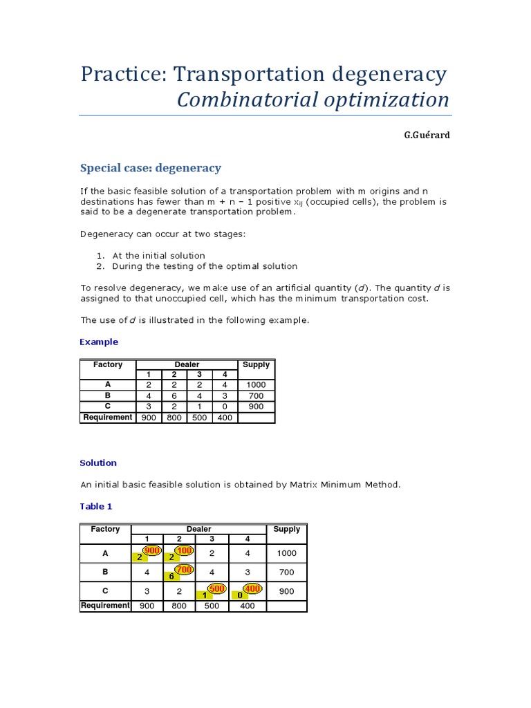 Practice: Transportation Degeneracy: Combinatorial Optimization | PDF | Mathematical ...